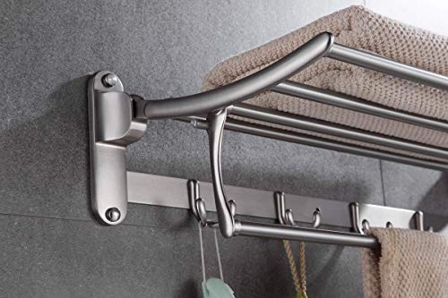 ELLO&ALLO Towel Racks for Bathroom Shelf with Foldable Towel Bar Holder and Hooks Wall Mounted Multifunctional Racks, Brushed Nickel