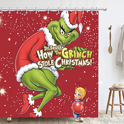 Christmas Shower Curtain Rug Bath Mat Toilet Lid Cover for Bathroom 4 Pcs Sets with 12 Hooks Weighted Lead Hem Waterproof Polyester Shower Curtains (Angel and Grin.ch-65(4 Pcs Sets), 72" L x 72" W)