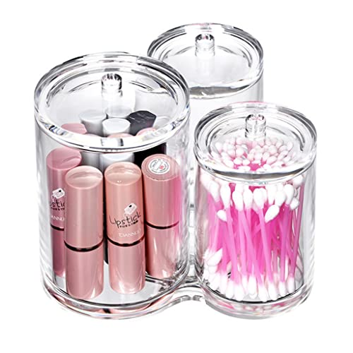 Ymeibe Clear Acrylic Cotton Swab Holder with Lid Q-tip Organize Case for Make Up Brush Round Bathroom Counter Organizer (3 Connected Towers)