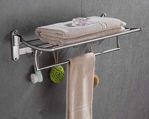 ELLO&ALLO Towel Racks for Bathroom Shelf with Foldable Towel Bar Holder and Hooks Wall Mounted Multifunctional Racks, Brushed Nickel