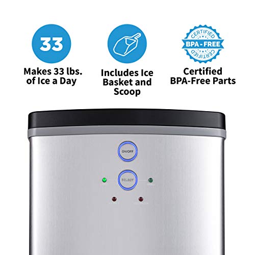 Newair Portable Countertop Ice Maker, Silver | 33 lbs. Of Ice A Day, Ice Cubes Ready In 8 Minutes With 2 Ice Bullet Sizes | Ideal For Home, Office, Bar, RV NIM033SS00