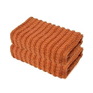 sense gnosis Waffle Hand Towel with Terry Striped Pattern Soft 100% Cotton Ultra Absorbent Hand Towels for Bathroom 13 x 29 Inch (Coral Orange, 2 Pieces)