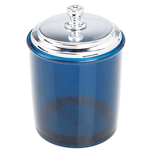 mDesign Bathroom Vanity Storage Organizer Apothecary Canister Jar for Cotton Balls, Swabs, Makeup Sponges, Bath Salts, Hair Ties, Jewelry - Dark Blue/Chrome Lid