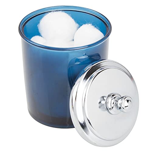 mDesign Bathroom Vanity Storage Organizer Apothecary Canister Jar for Cotton Balls, Swabs, Makeup Sponges, Bath Salts, Hair Ties, Jewelry - Dark Blue/Chrome Lid