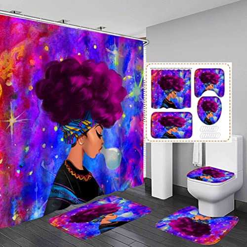 African American Shower Curtains for Bathroom, Black Girl Bathroom Sets with Shower Curtain and Rugs and Accessories, 4Pcs Colorful Bathroom Decor Sets (Violet)