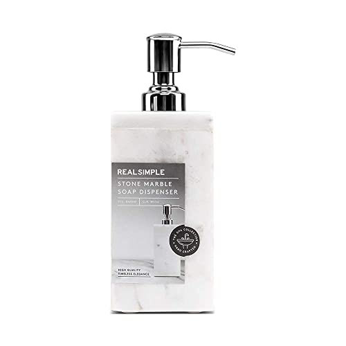 Real Simple Bathroom Accessory Set | Complete 6 Piece Bathroom Decor l Soap Dispenser, Cotton Ball Holder, Soap Dish, Toothbrush Holder & More (White Marble)