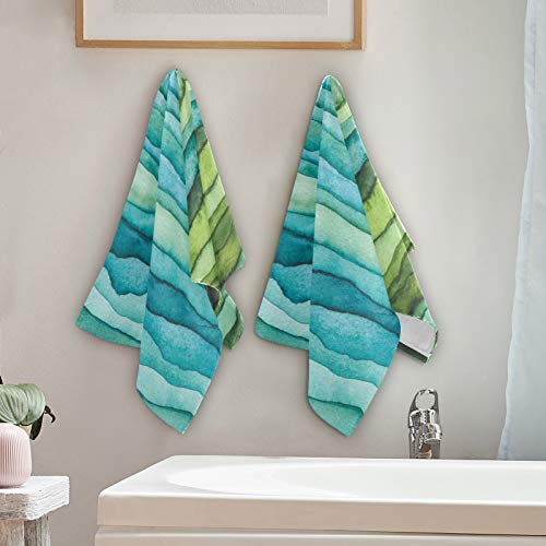 Oyihfvs Hand Drawn Blue Green Waves 2 Pieces Face Towel, Highly Absorbent Cotton Dish Hand Towels, Soft Washcloth for Spa Bathroom Hotel Kitchen Beach Gym Yoga