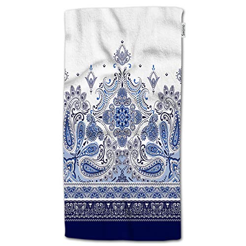 HGOD DESIGNS Paisley Hand Towels,Blue Horizontal Border with Paisley Pattern 100% Cotton Soft Bath Hand Towels for Bathroom Kitchen Hotel Spa Hand Towels 15"X30"