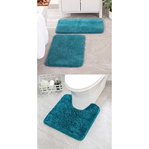 MIULEE 2pc 20''x30'' Bath Rugs and 20''x24'' Toilet Bath Mat, Non Slip Shaggy Absorbent Bathroom Rugs Set 3 Pieces, Teal