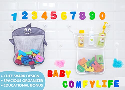Comfylife Baby Bath Toy Organizer - Shark +36 Bath Letters & Numbers +Extra Bath Toy Storage Net & 10 Strong Hooks, Great Bath Net for Kids, Cute Bathtub Toy Organizer and Bath/Shower Caddy Solution