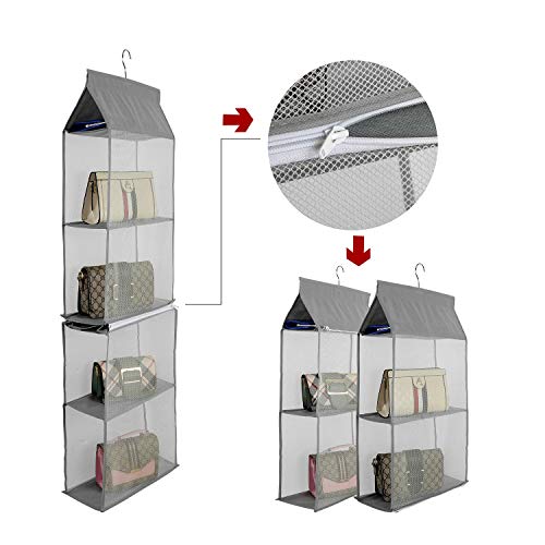 Jucoan 2 Pack Detachable Hanging Handbag Purse Organizer for Closet, Breathable Mesh Purse Storage Holder with 4 Large Mesh Shelves for Wardrobe Closet, 52”X 15.8”, Grey