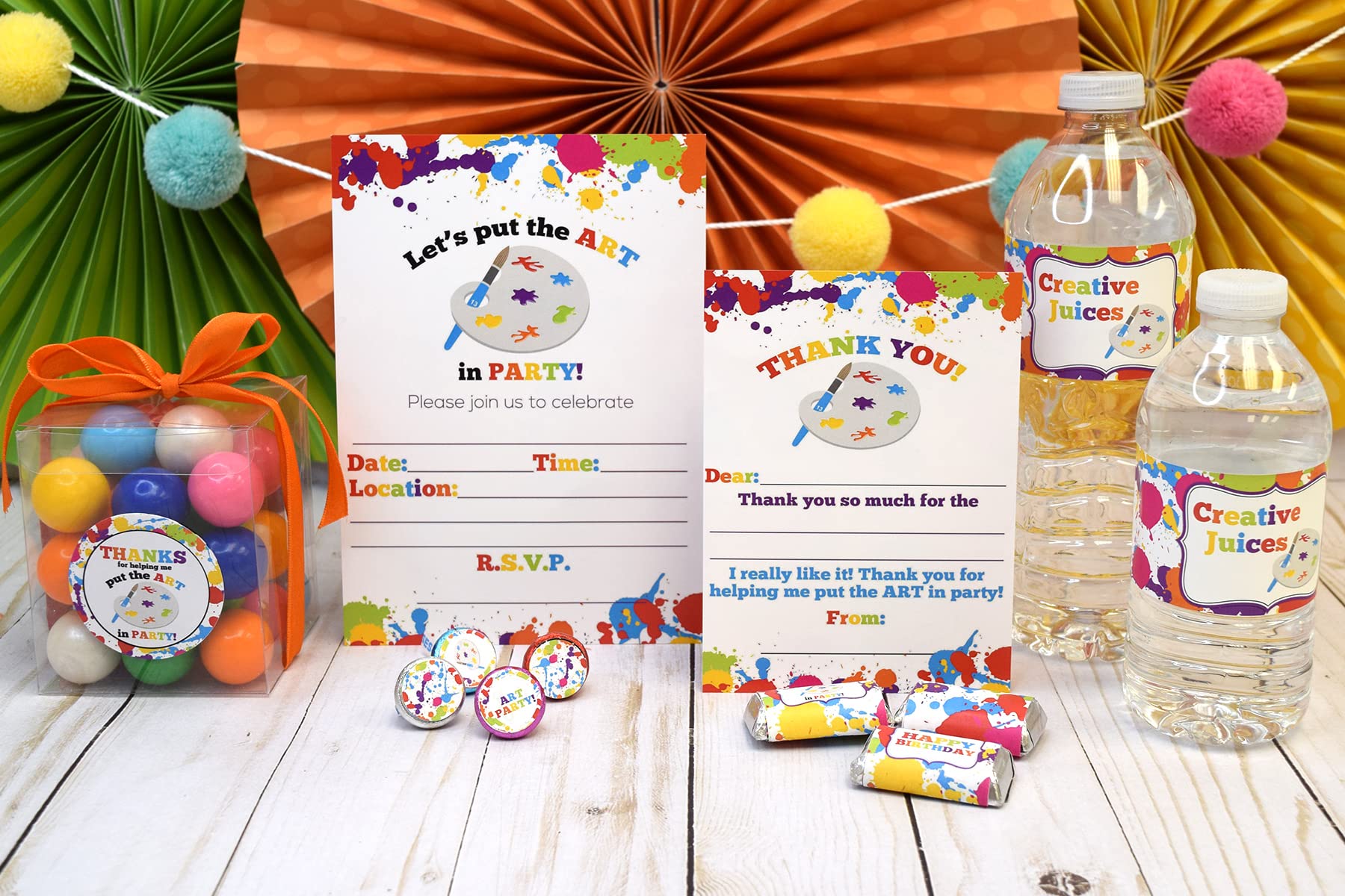 Amanda Creation Deluxe Art Party Paint Splatter Birthday Party Bundle Includes 20 Invitations & Thank You Cards with Envelopes + 3 Different Sizes of Stickers & Water Bottle Labels!