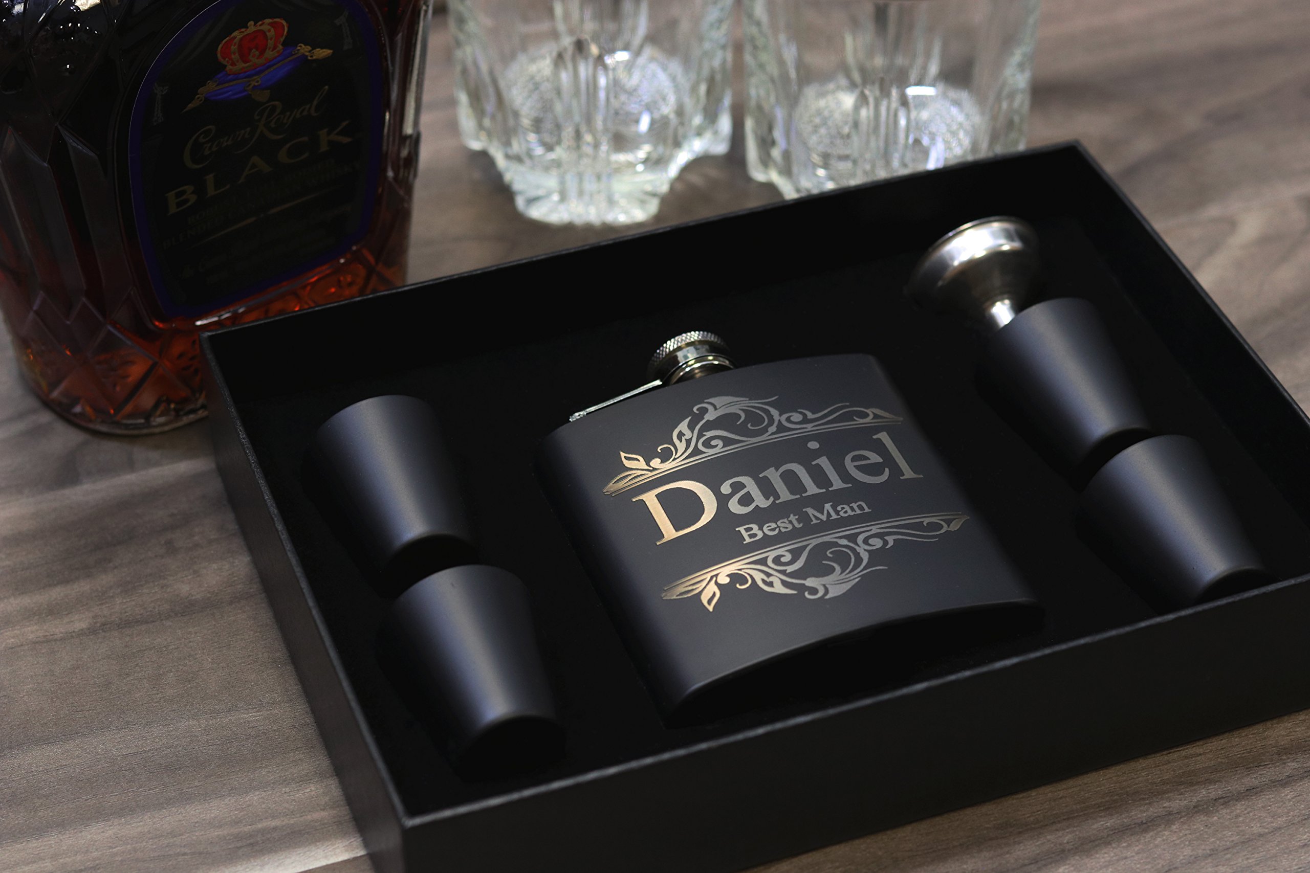 Personalize Gift Groomsmen Proposal 6pc Black Flask Gift Box Set Custom Laser Engraving