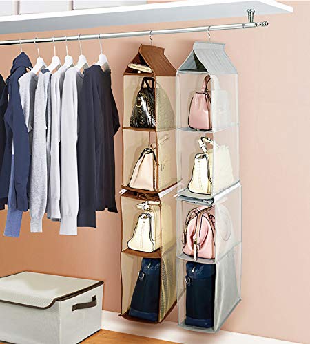 Jucoan 2 Pack Detachable Hanging Handbag Purse Organizer for Closet, Breathable Mesh Purse Storage Holder with 4 Large Mesh Shelves for Wardrobe Closet, 52”X 15.8”, Grey