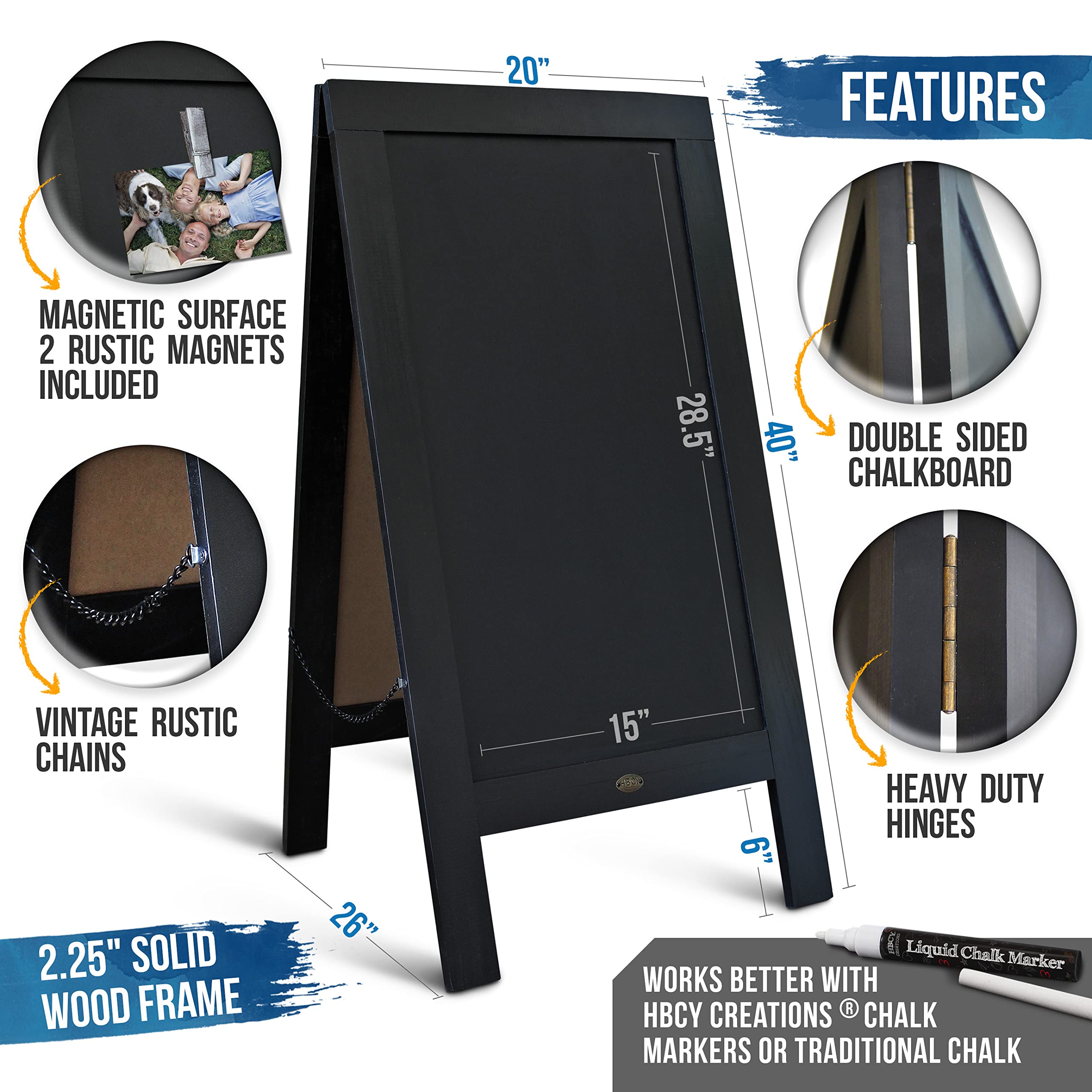 A Frame Chalkboard by HBCY Creations: 40x20 Solid Wood A-Frame Sign Black Double-Sided Magnetic Board, Chalkboard Menu Board, for Restaurants, Cafés, Weddings - Heavy Duty Hinges