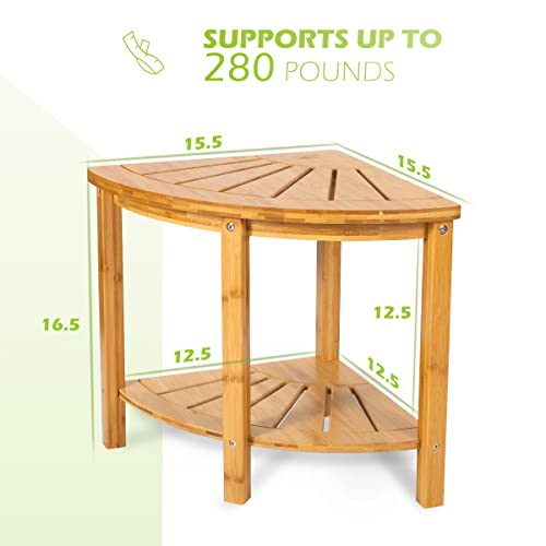 OasisCraft Corner Shower Bench Bamboo Shower Stool for Inside Shower Corner Shelf Shower Seat Bathroom Spa Stool with Shelf