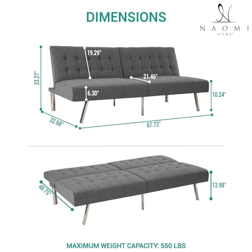 Naomi Home Tufted Split Back Futon Convertible Sofa Bed, Futon Couches for Living Room, Linen Futon Couch Bed with Chrome Legs, Folding, Reclining Small Convertible Sofa Bed, Gray