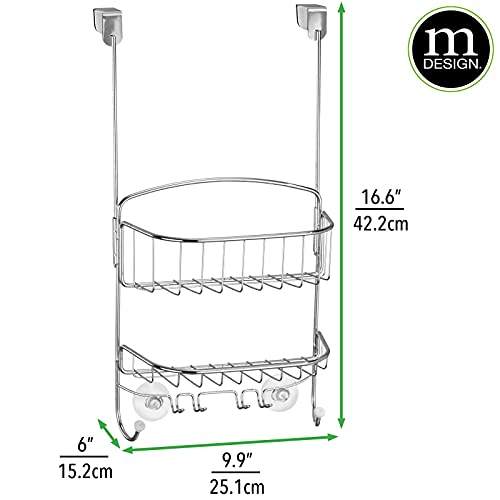 mDesign Steel Over Door Hanging Shower Caddy Storage Organizer with 2 Baskets, 6 Hooks - Shelf Rack for Bathroom - Holds Shampoo, Conditioner, Soap, Towel, Sponge - Draper Collection - Chrome/White