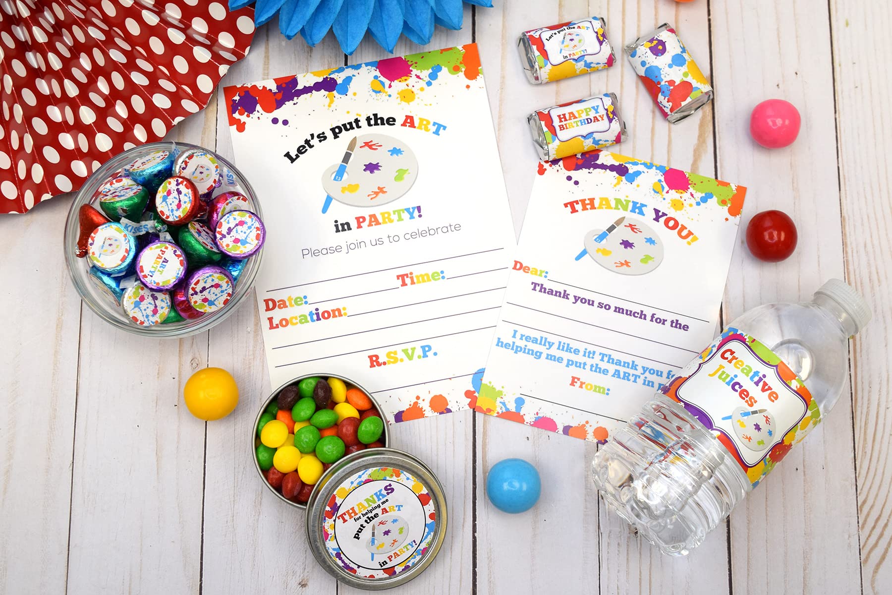 Amanda Creation Deluxe Art Party Paint Splatter Birthday Party Bundle Includes 20 Invitations & Thank You Cards with Envelopes + 3 Different Sizes of Stickers & Water Bottle Labels!