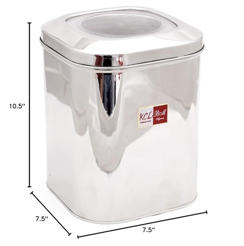 coconut KCL Stainless Steel Square Tin with Unbreakable Lid for Dry Grains Storage (8 kg, Silver)