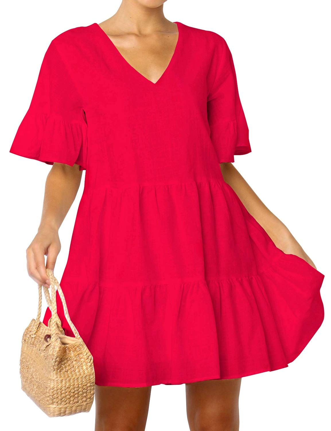 FANCYINN Women’s Red Cute Shift Tunic Dress Short Bell Sleeve V Neck Causal Swing Red Ruffle Mini Dress with Pockets M