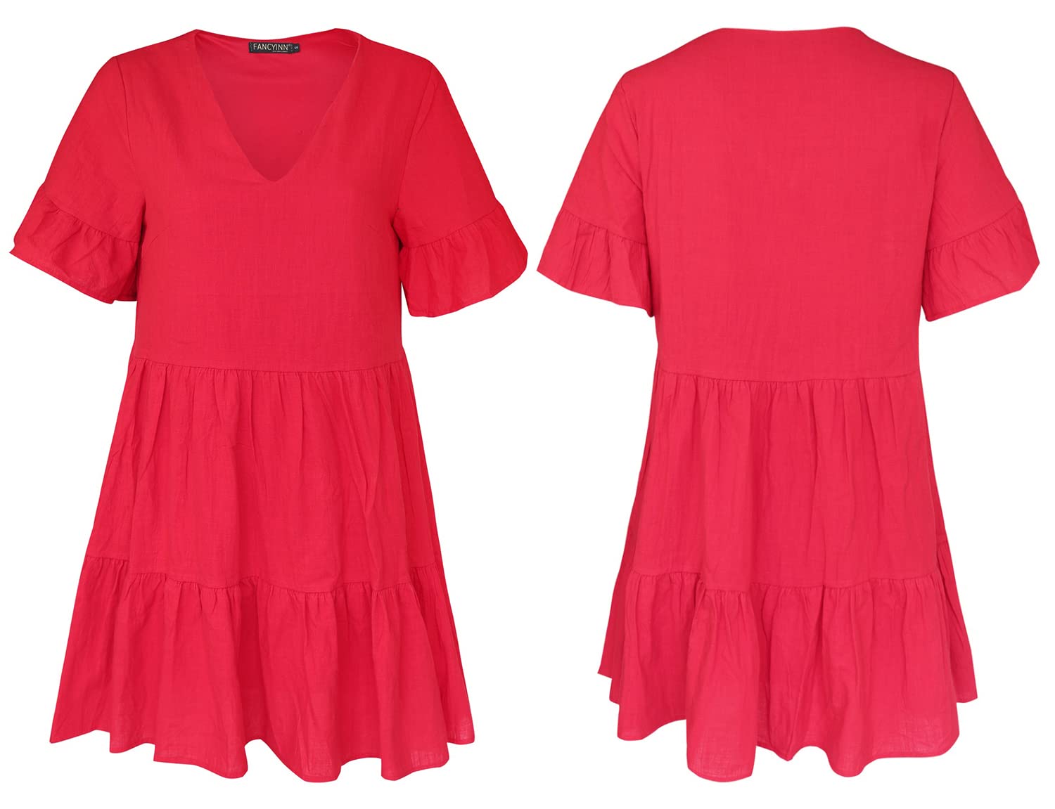 FANCYINN Women’s Red Cute Shift Tunic Dress Short Bell Sleeve V Neck Causal Swing Red Ruffle Mini Dress with Pockets M