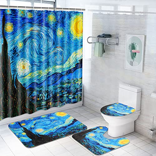 Ikfashoni 4 Pcs Starry Night Shower Curtain Set with Non-Slip Rugs, Toilet Lid Cover and Bath Mat, Van Gogh Abstract Art Shower Curtain with 12 Hooks, Blue Oil Painting Shower Curtains for Bathroom