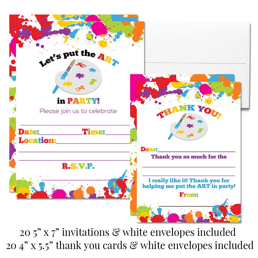 Amanda Creation Deluxe Art Party Paint Splatter Birthday Party Bundle Includes 20 Invitations & Thank You Cards with Envelopes + 3 Different Sizes of Stickers & Water Bottle Labels!