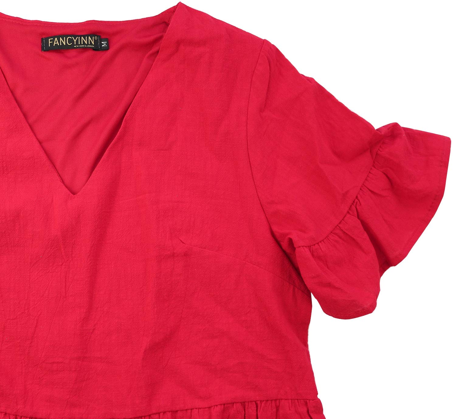 FANCYINN Women’s Red Cute Shift Tunic Dress Short Bell Sleeve V Neck Causal Swing Red Ruffle Mini Dress with Pockets M