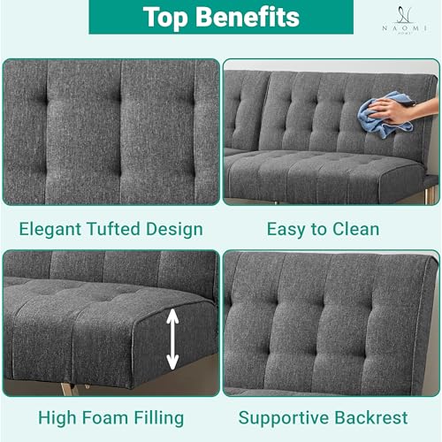Naomi Home Tufted Split Back Futon Convertible Sofa Bed, Futon Couches for Living Room, Linen Futon Couch Bed with Chrome Legs, Folding, Reclining Small Convertible Sofa Bed, Gray