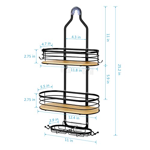 Fogein Shower Caddy Over Shower Head, Hanging Shower Caddy, Shower Basket with Suction Cup, Bathroom Shower Caddy Over The Door with Bamboo Board Hook & Soap Box, No Drilling(3 Tier, Black)