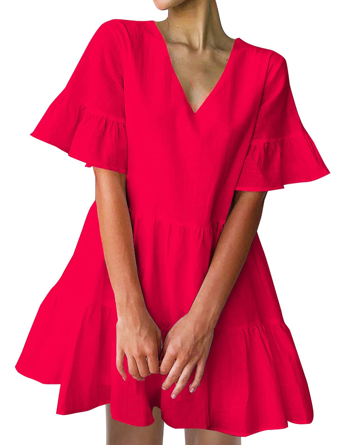 FANCYINN Womenâs Red Cute Shift Tunic Dress Short Bell Sleeve V Neck Causal Swing Red Ruffle Mini Dress with Pockets M