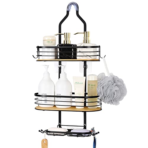 Fogein Shower Caddy Over Shower Head, Hanging Shower Caddy, Shower Basket with Suction Cup, Bathroom Shower Caddy Over The Door with Bamboo Board Hook & Soap Box, No Drilling(3 Tier, Black)