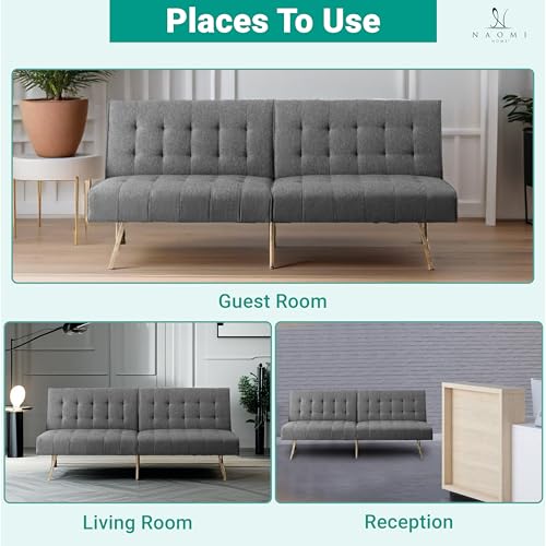 Naomi Home Tufted Split Back Futon Convertible Sofa Bed, Futon Couches for Living Room, Linen Futon Couch Bed with Chrome Legs, Folding, Reclining Small Convertible Sofa Bed, Gray