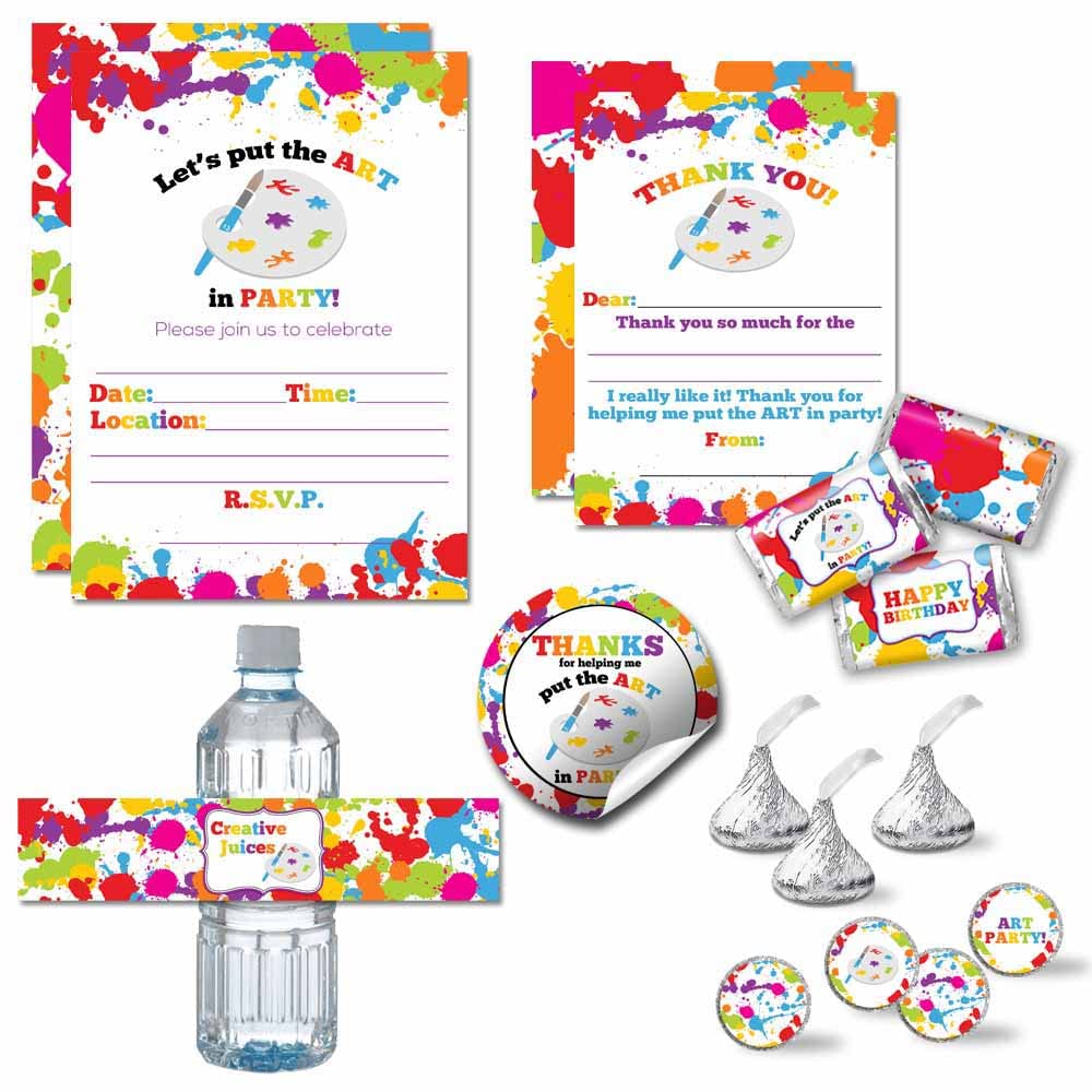 Amanda Creation Deluxe Art Party Paint Splatter Birthday Party Bundle Includes 20 Invitations & Thank You Cards with Envelopes + 3 Different Sizes of Stickers & Water Bottle Labels!