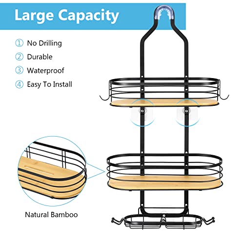Fogein Shower Caddy Over Shower Head, Hanging Shower Caddy, Shower Basket with Suction Cup, Bathroom Shower Caddy Over The Door with Bamboo Board Hook & Soap Box, No Drilling(3 Tier, Black)