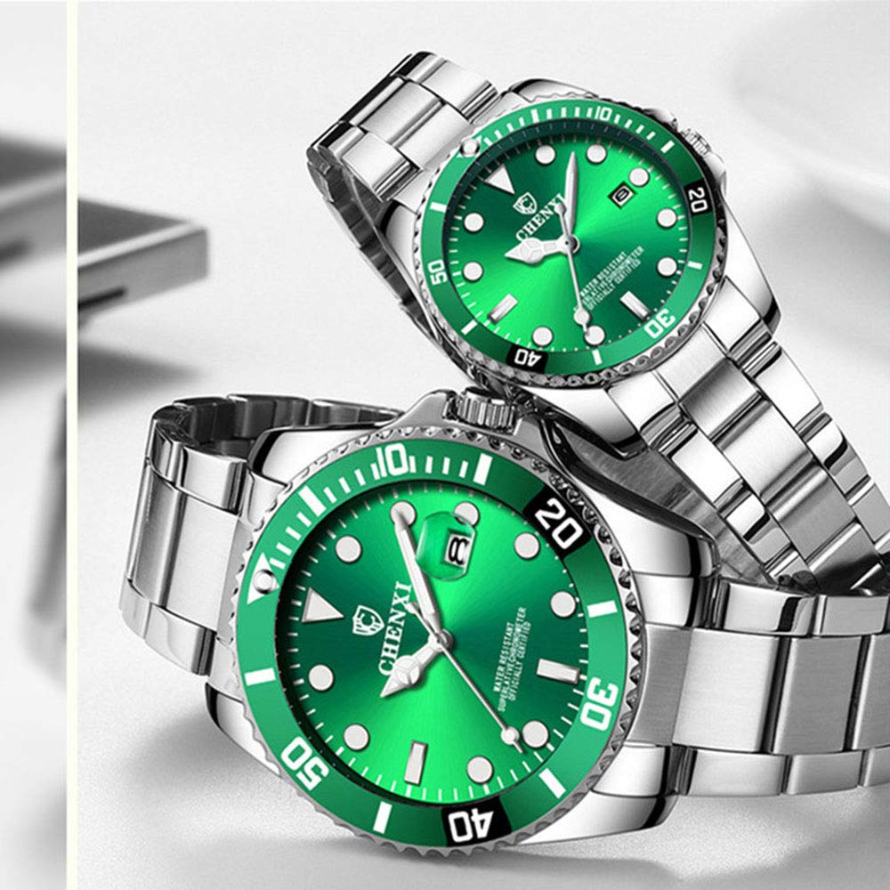 MASTOP Couple Watches Classic Golden Stainless Steel Watch His and Hers Waterproof Quartz Watch (Silver Green)