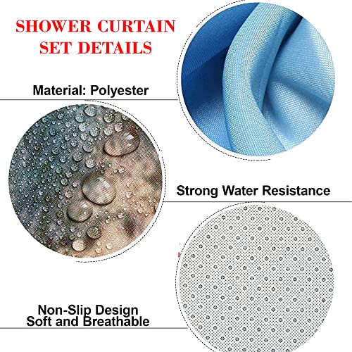 waeyeitery 4PCS Blue Brown Marble Bathroom Shower Curtain Sets with Rugs,Toilet Lid Pad Cover and Bath Mat with 12 Hooks, Abstract Marbled Art Bathroom Decor Set, Polyester, Waterproof, 72' Wx72 L