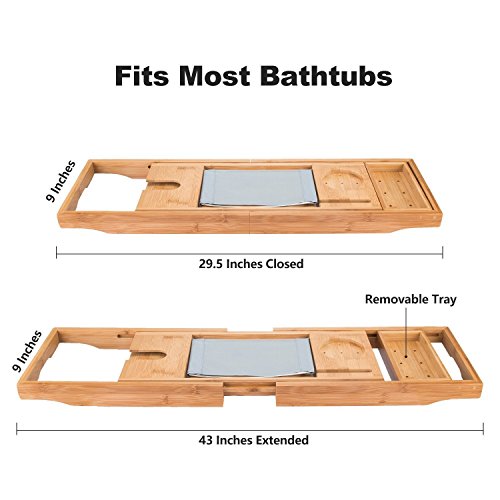 BOSSJOY Luxury Wood Bamboo Bathtub Bath Tub Caddy Tray with Extending Sides Built in Book Tablet Phone Wineglass Holder