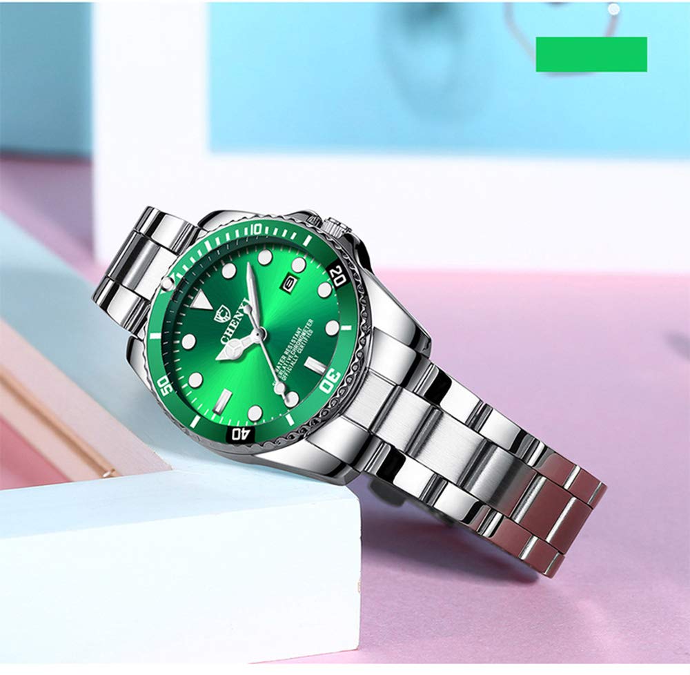 MASTOP Couple Watches Classic Golden Stainless Steel Watch His and Hers Waterproof Quartz Watch (Silver Green)