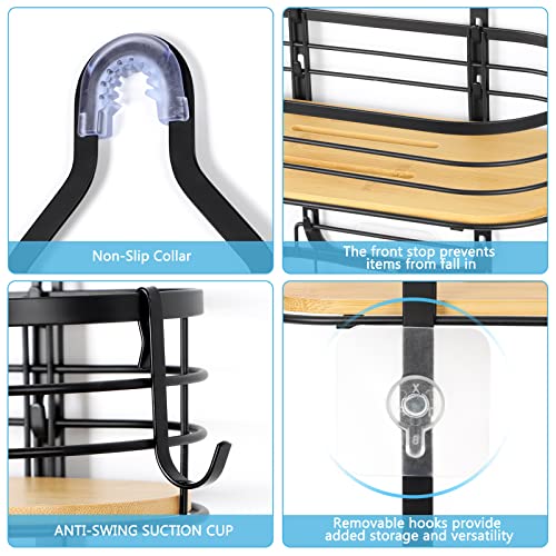 Fogein Shower Caddy Over Shower Head, Hanging Shower Caddy, Shower Basket with Suction Cup, Bathroom Shower Caddy Over The Door with Bamboo Board Hook & Soap Box, No Drilling(3 Tier, Black)