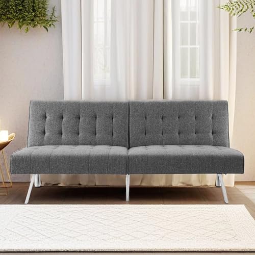 Naomi Home Tufted Split Back Futon Convertible Sofa Bed, Futon Couches for Living Room, Linen Futon Couch Bed with Chrome Legs, Folding, Reclining Small Convertible Sofa Bed, Gray