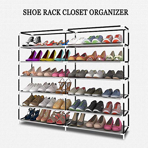 6 Tier Shoe Rack Organizer for 36 Pair Shoes, Double Rows 12 Lattices Free Standing Shoe Cabinet Storage Shelf Holder with Non-Woven Fabric Dustproof Cover,Large Portable Closet Shoe Tower (Wine Red)