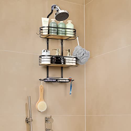 Fogein Shower Caddy Over Shower Head, Hanging Shower Caddy, Shower Basket with Suction Cup, Bathroom Shower Caddy Over The Door with Bamboo Board Hook & Soap Box, No Drilling(3 Tier, Black)