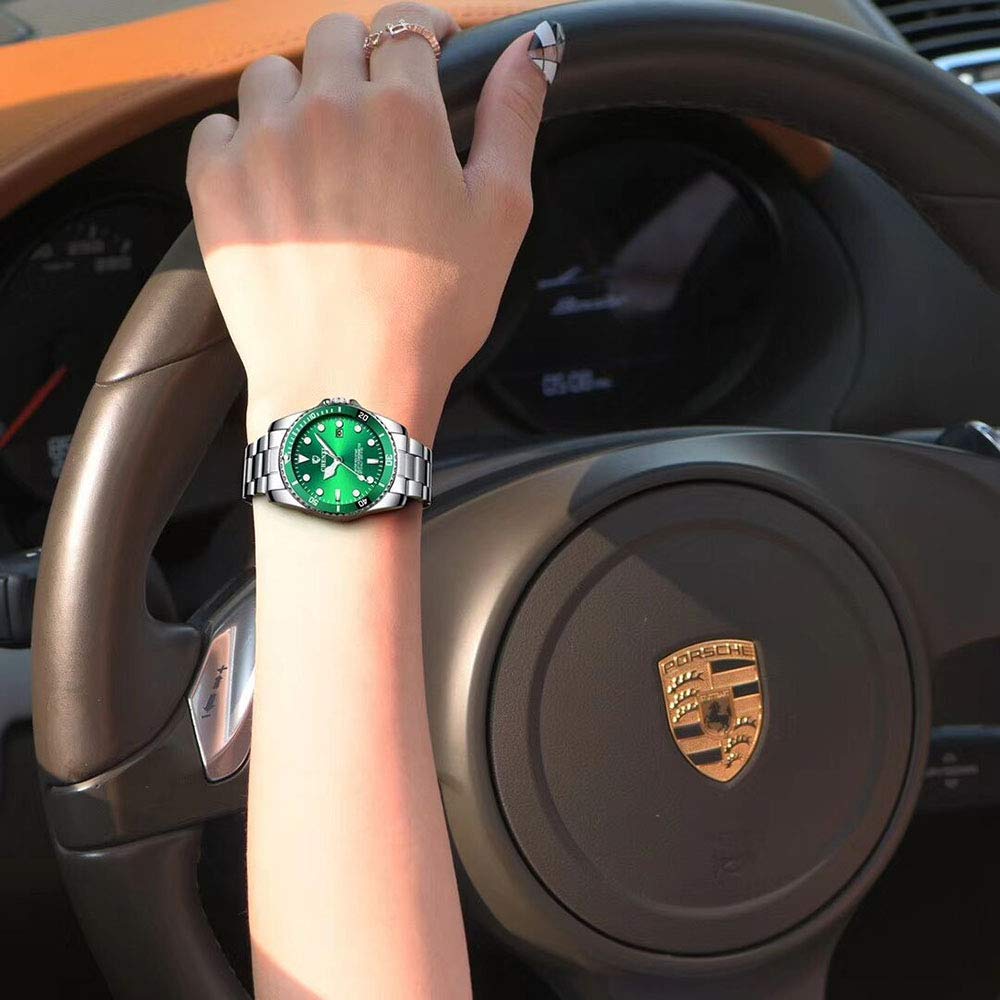 MASTOP Couple Watches Classic Golden Stainless Steel Watch His and Hers Waterproof Quartz Watch (Silver Green)