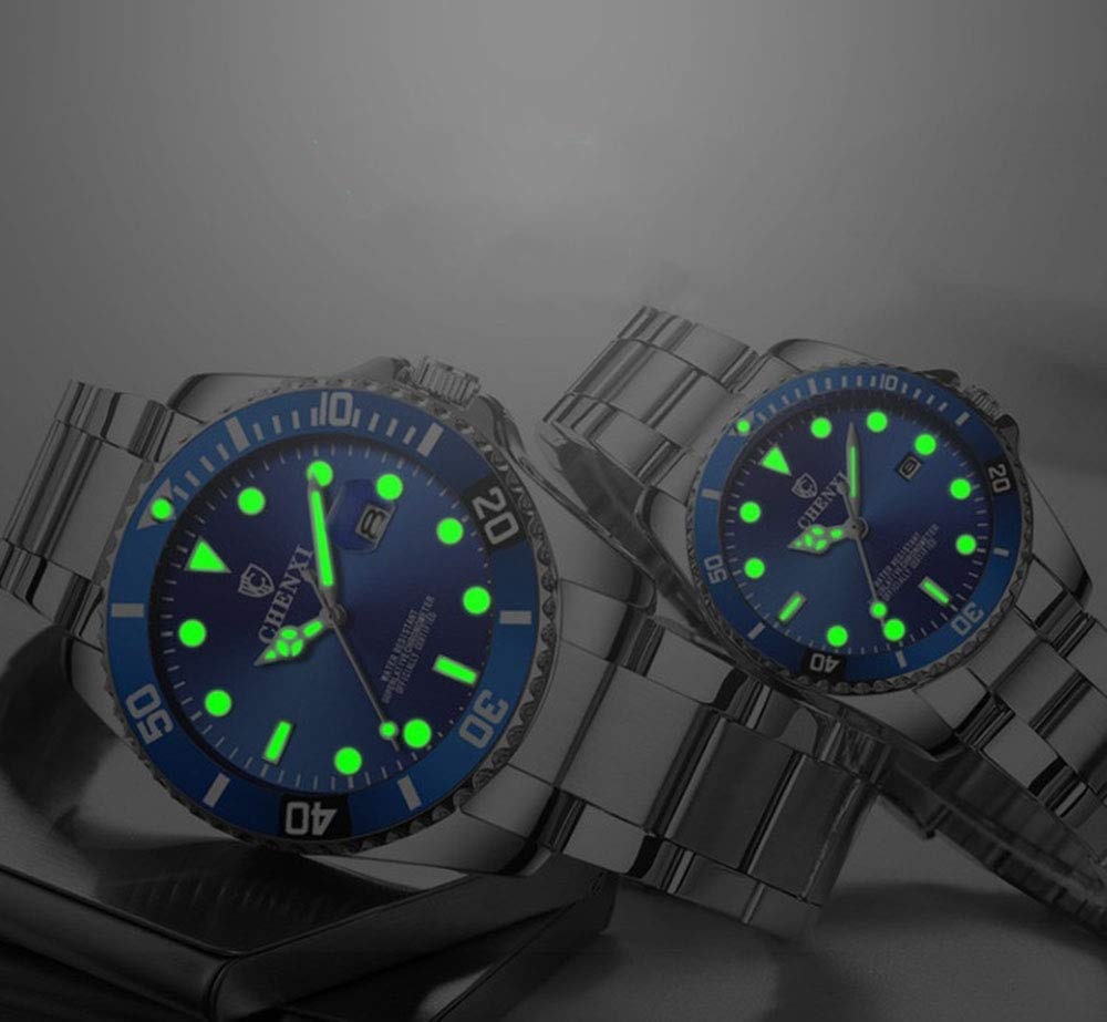 MASTOP Couple Watches Classic Golden Stainless Steel Watch His and Hers Waterproof Quartz Watch (Silver Green)