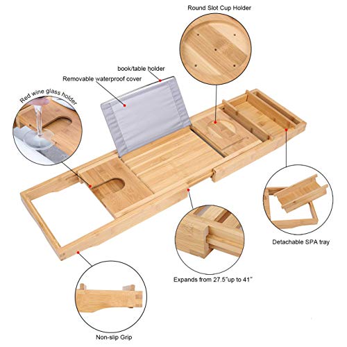 BOSSJOY Luxury Wood Bamboo Bathtub Bath Tub Caddy Tray with Extending Sides Built in Book Tablet Phone Wineglass Holder
