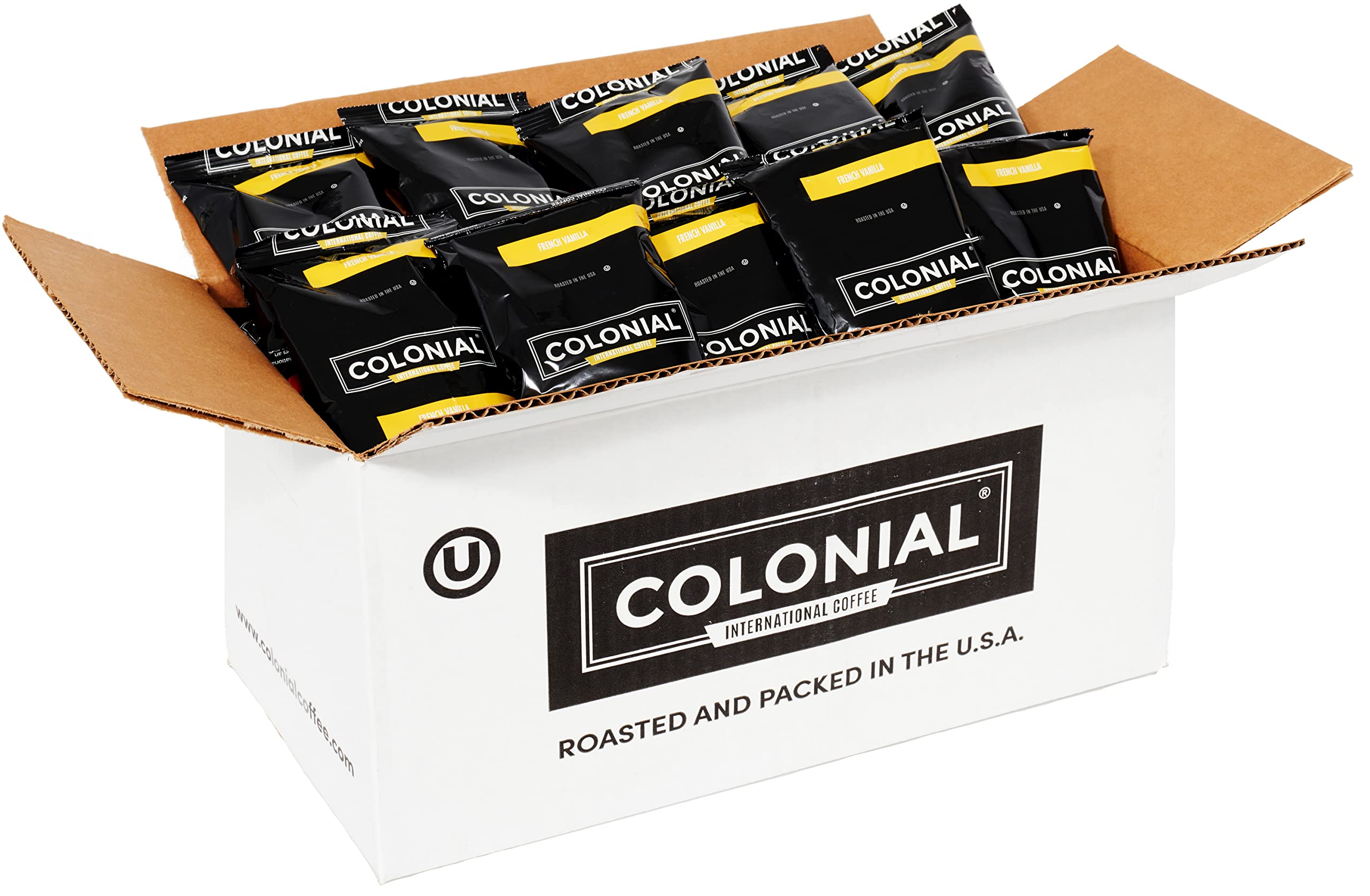 Colonial Coffee Packets, Pre Ground Coffee Packs, French Vanilla Flavored Coffee, Bulk Single Pot Bags for Drip Coffee Makers, (2.5 oz Bags, Pack of 32)