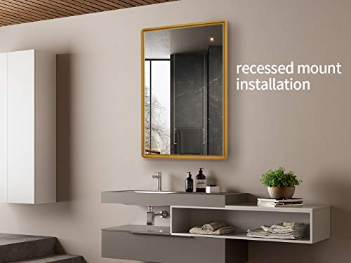 FOMAYKO Aluminum Bathroom Medicine Cabinet with Farmhouse Gold Framed 20(H) x16(W) Inches Recess or Surface Mount Mirror Cabinet for Bathroom Toilet Kitchen
