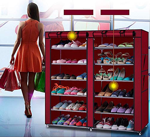 6 Tier Shoe Rack Organizer for 36 Pair Shoes, Double Rows 12 Lattices Free Standing Shoe Cabinet Storage Shelf Holder with Non-Woven Fabric Dustproof Cover,Large Portable Closet Shoe Tower (Wine Red)